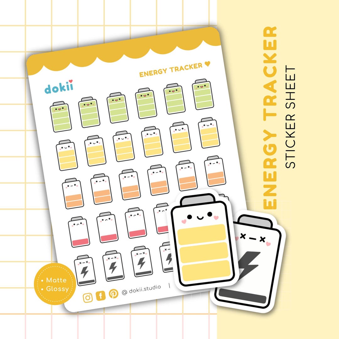 30 Cute Energy Tracker Sticker Sheet | Kawaii Energy Planner Stickers ...
