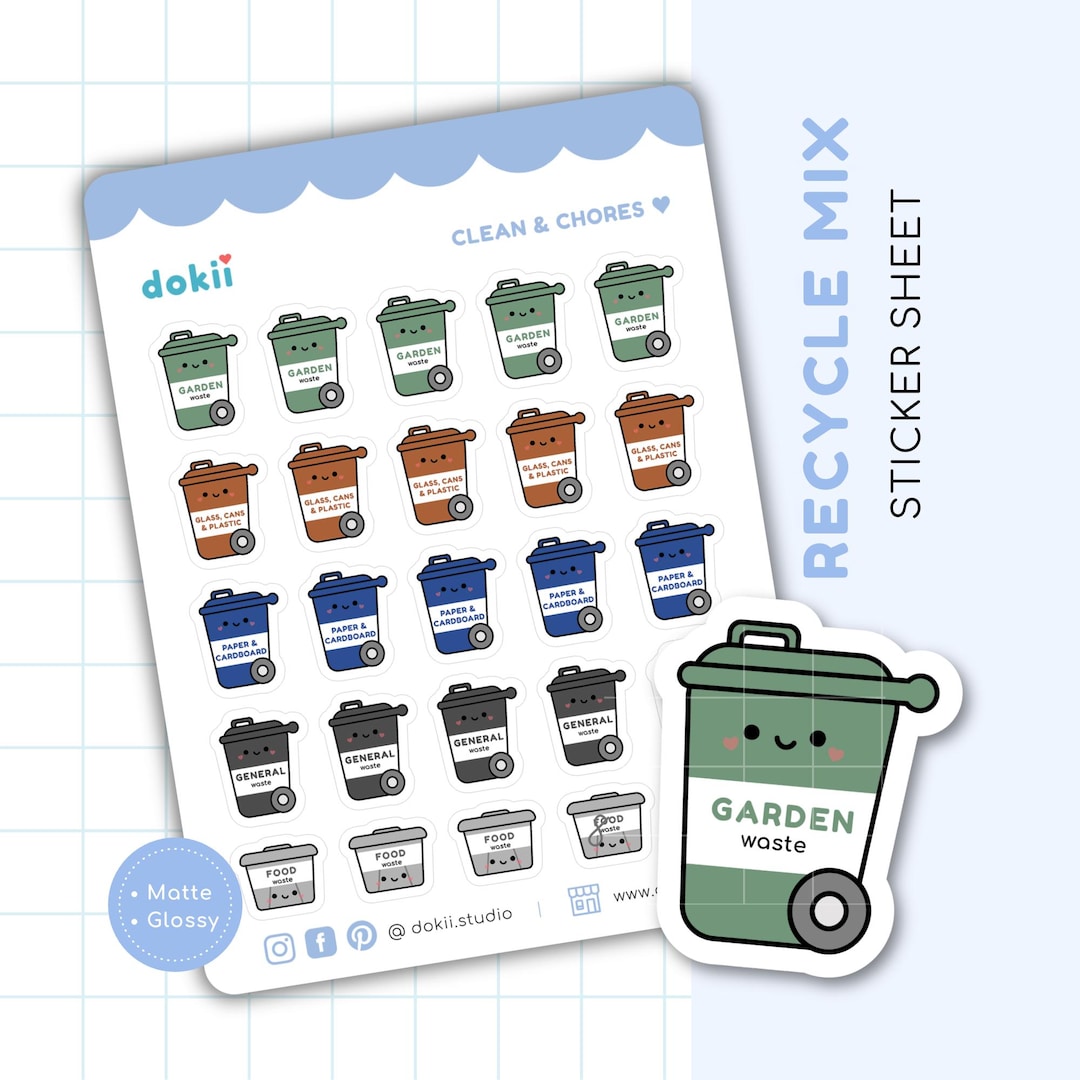 Cute Recycling Bin Sticker Sheet UK Mix | Recycling Day Reminder ...