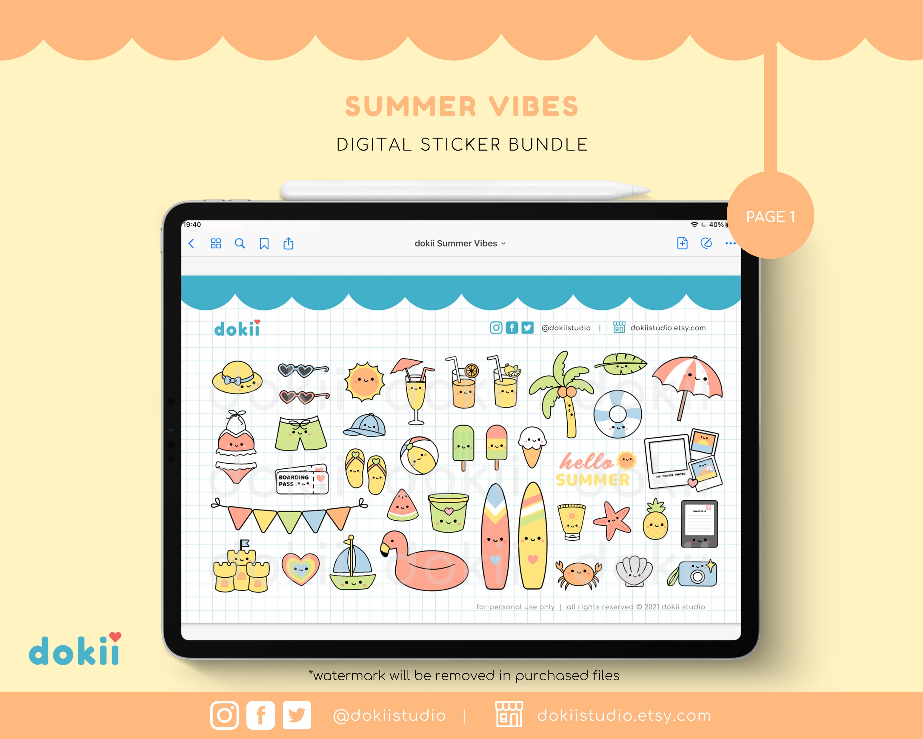 Kawaii Summer Vibes Digital Stickers 67 Cute Tropical Beach - Etsy