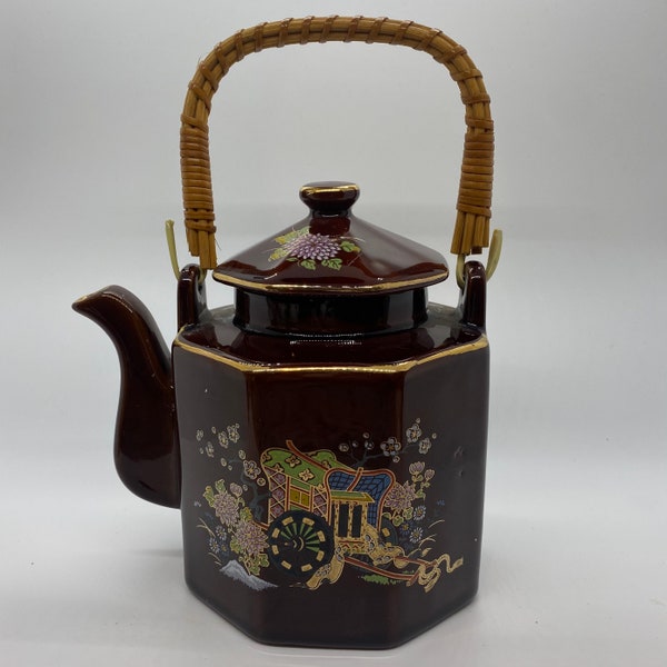 Ceramic Teapot Japan Wicker Handle - Etsy