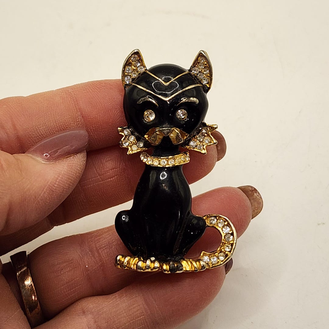 Vintage Black Enamel Cat Pin, Clear Pave Crystals, Jewel Lapel Pin, Cat ...