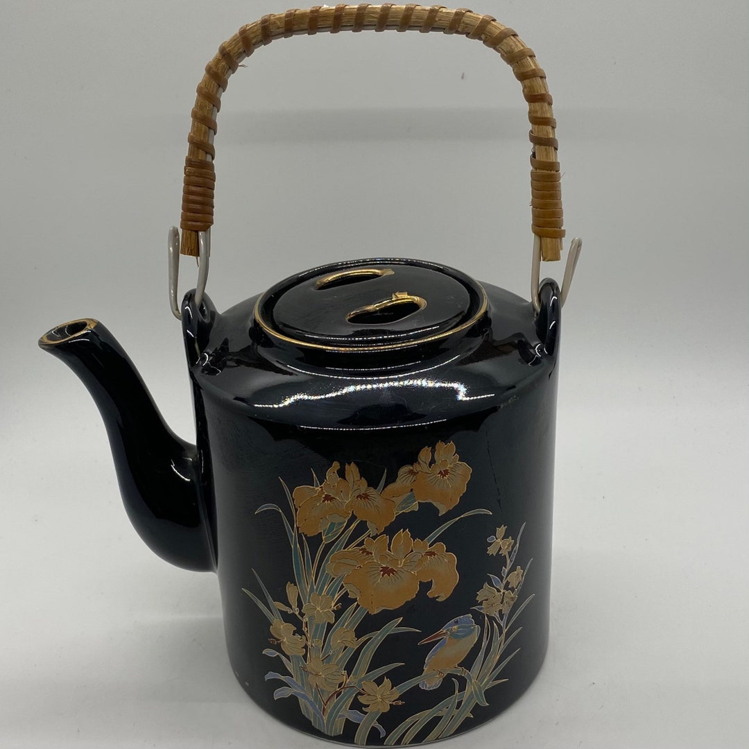 Vintage Black Teapot W/wicker Handle -made in Japan - Etsy