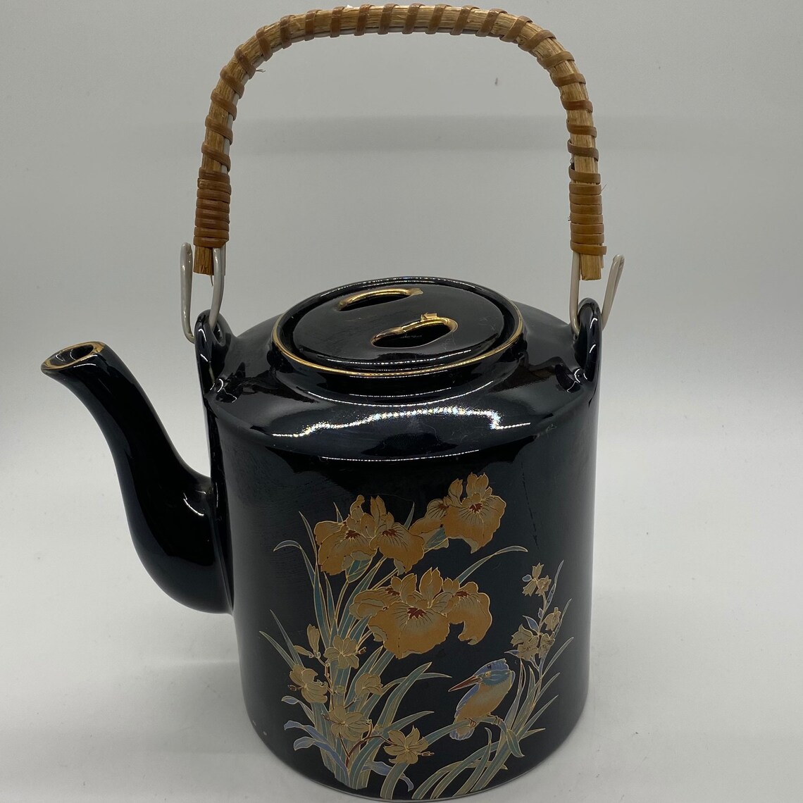 Vintage Black Teapot W/wicker Handle made in Japan - Etsy