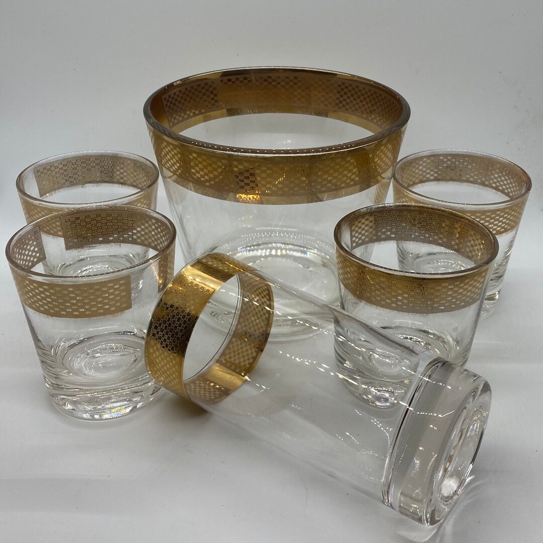 Mid Century Gold Band Glass Ice Bucket and Glasses Vintage - Etsy