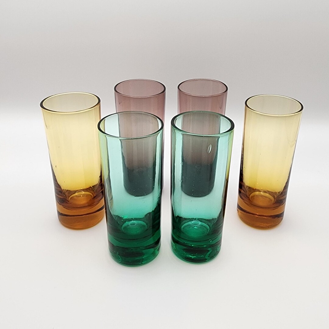 Vintage Unique Bold Multi Color Shot Glasses Set of 6 Purple Gold Green ...