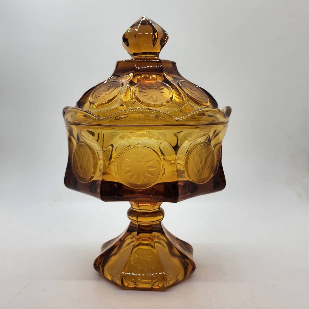 Fostoria Amber Coin Glass Lidded Candy Dish Vintage Mid Century Vintage ...