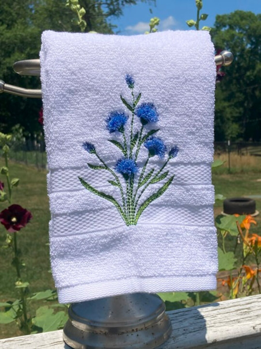 Elegant Machine Embroidered Hand Towel With 3D Blue Cornflower Design ...