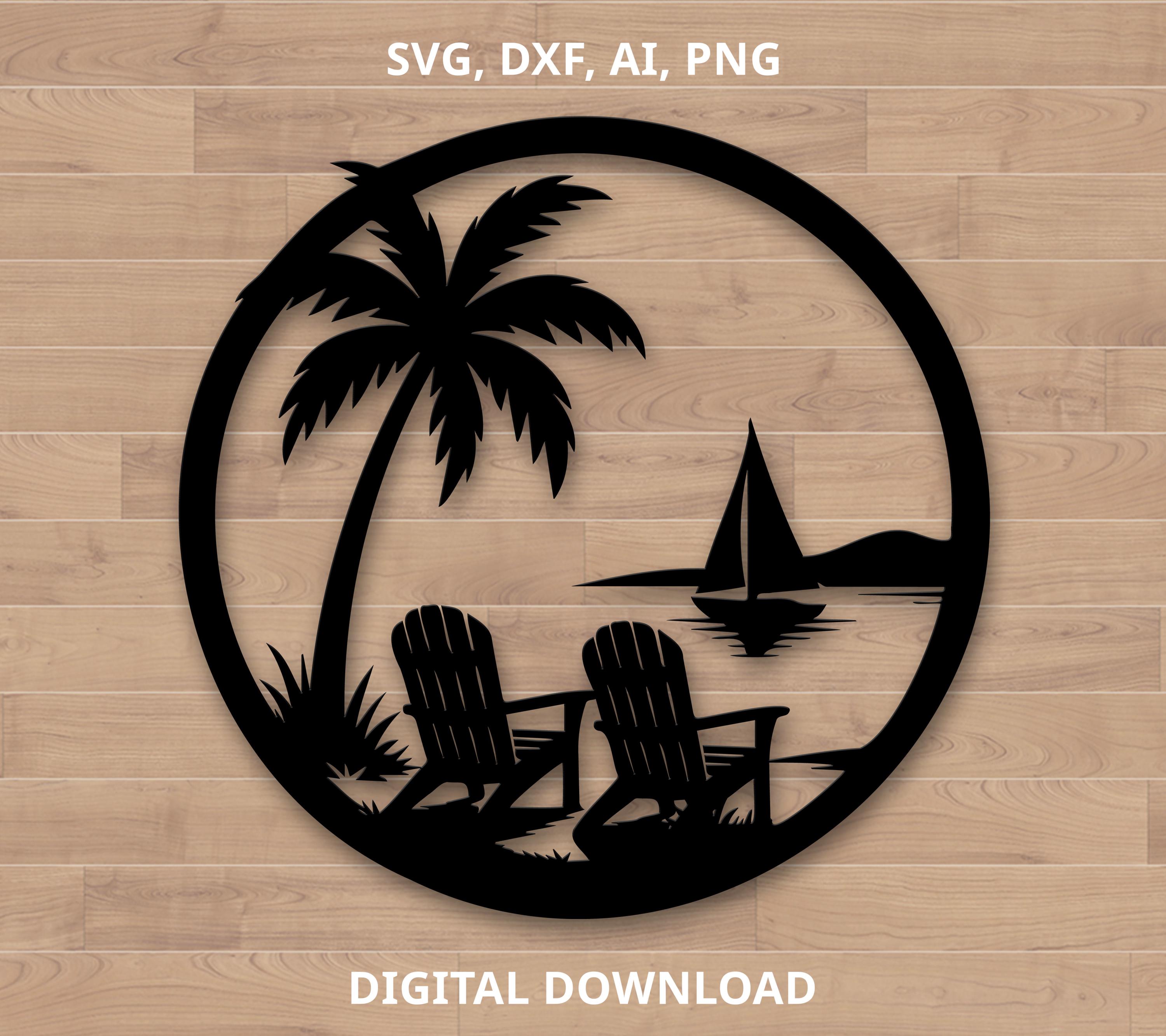 Sunset Beach SVG, Chairs on the Beach DXF Cut Files, Beach Chairs ...