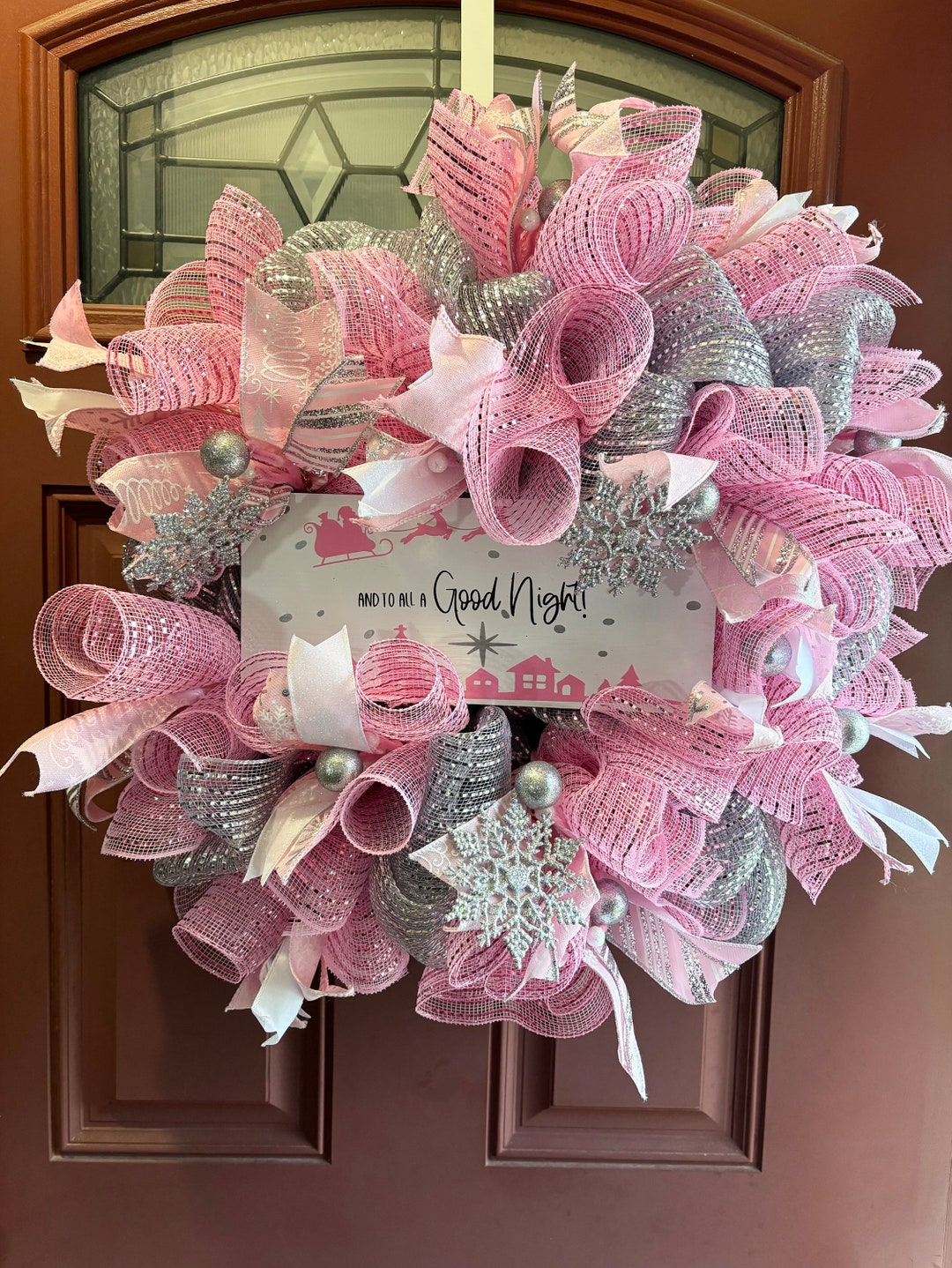 Pink & Silver Christmas Wreath, Santa Sleigh Holiday Decor - Etsy
