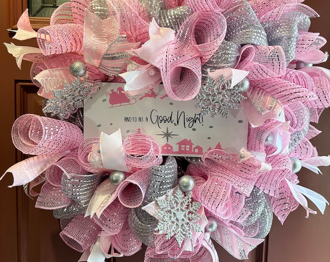 Pink and Silver Christmas Wreath, Pink Holiday Wreath, Pink Christmas ...