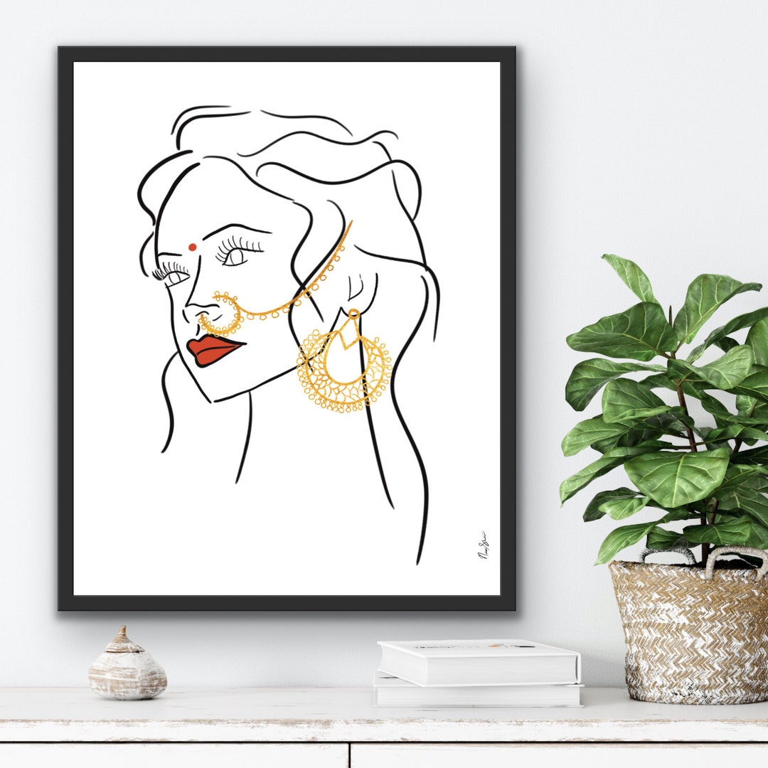 Minimalist Indian/desi Woman With Gold Jhumka Jewelry Line Drawing ...