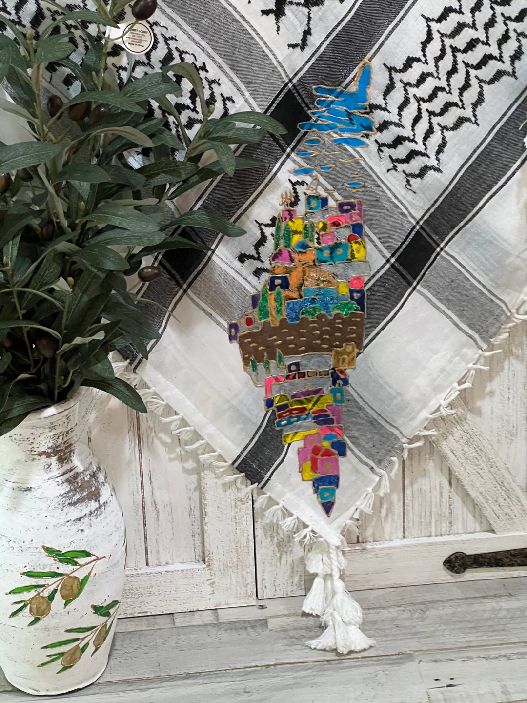 Palestine Map Hand Painted Kuffiya | Palestinian Keffiyeh | Palestinian ...