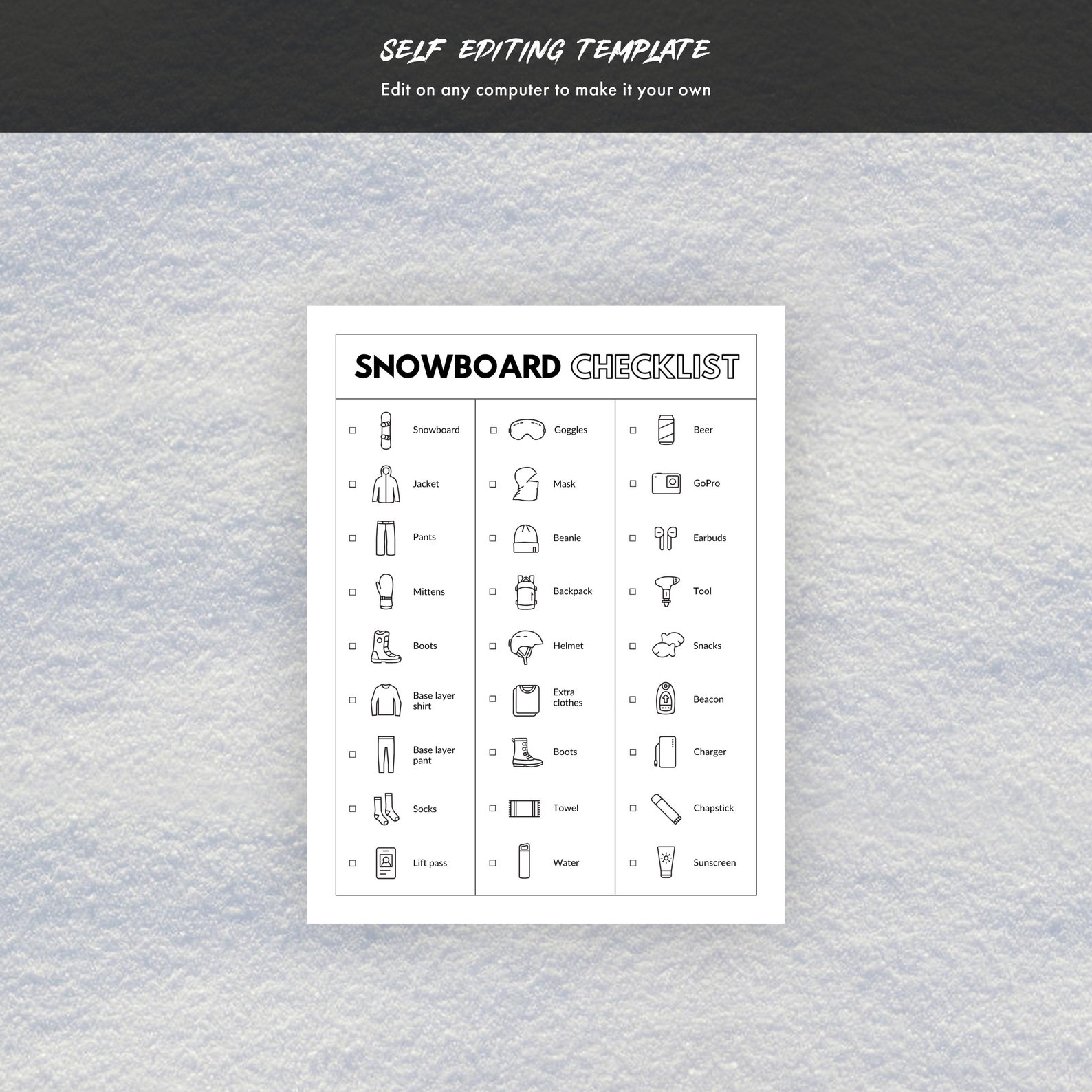 Checklist Snowboarding / EDITABLE Canva Template / Printable Snowboard ...