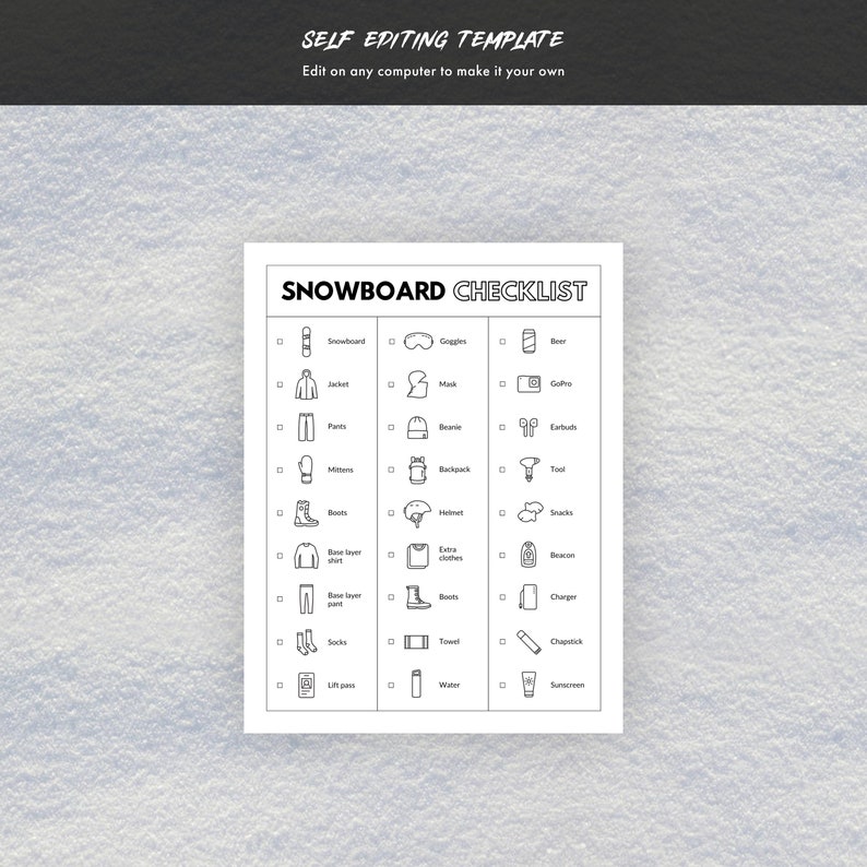 Checklist Snowboarding / EDITABLE Canva Template / Printable Snowboard ...