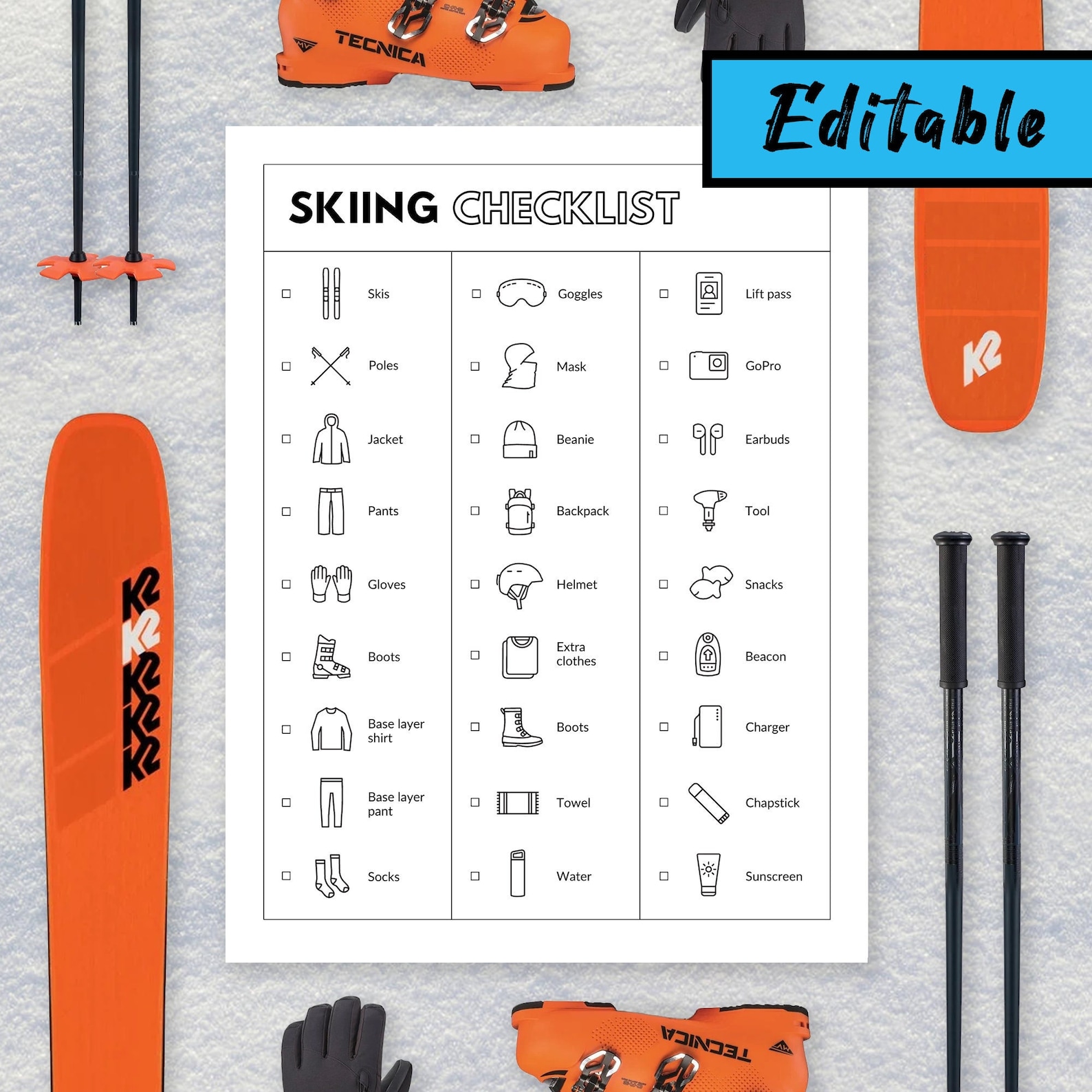Checklist Skiing / Editable Canva Template / Printable Ski - Etsy