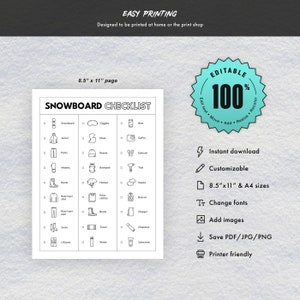 Checklist Snowboarding / EDITABLE Canva Template / Printable Snowboard ...