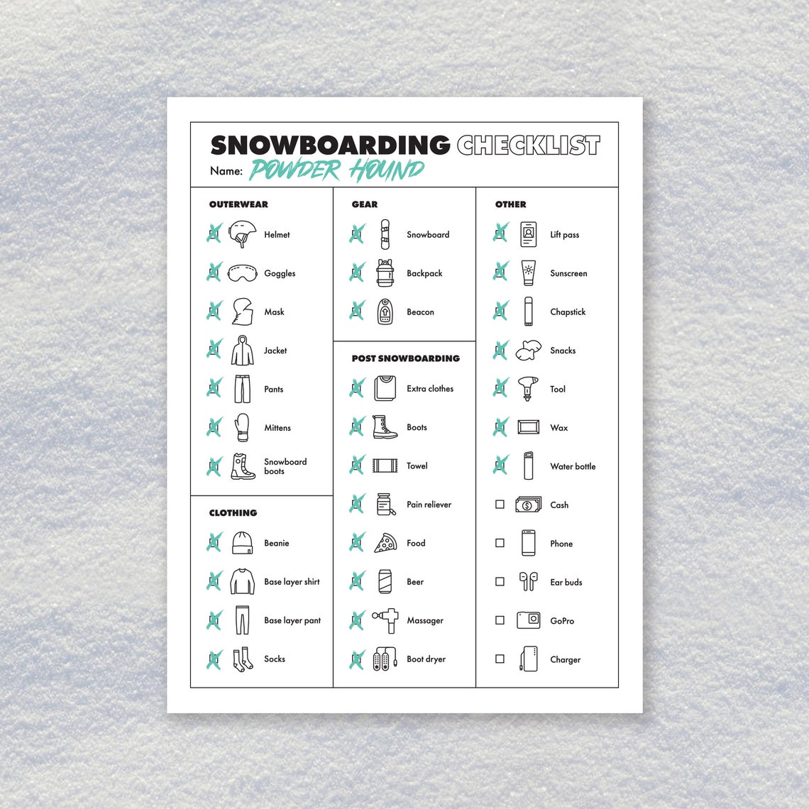 Checklist Snowboarding / Printable Snowboard Checklist / Instant ...