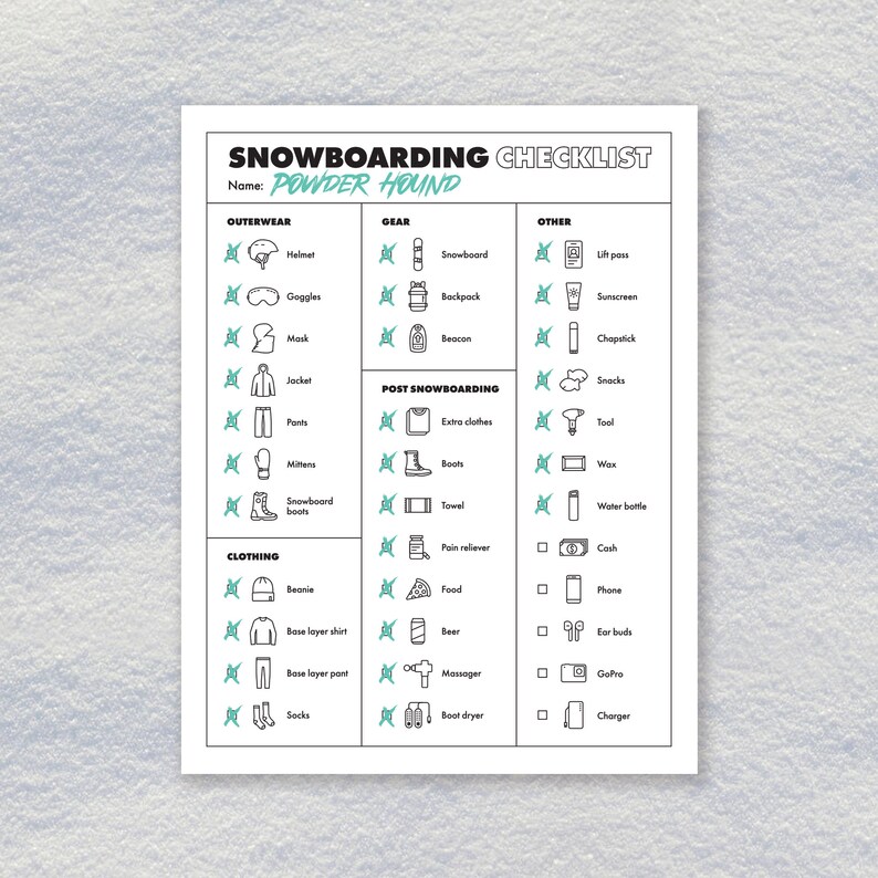 Checklist Snowboarding / Printable Snowboard Checklist / Instant ...