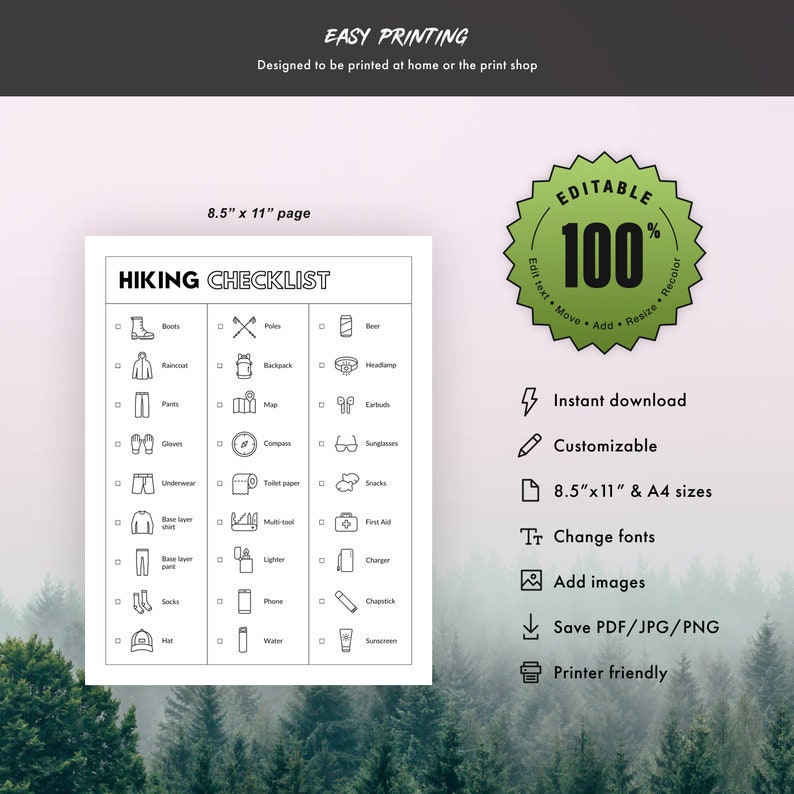 Checklist Hiking / EDITABLE Canva Template / Printable Hiking Checklist ...