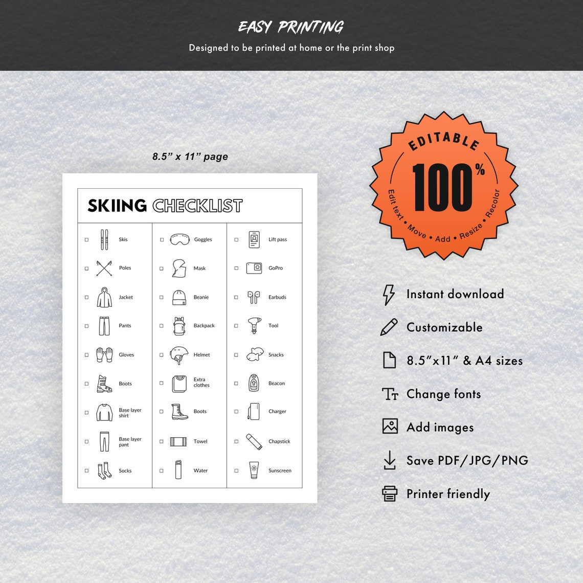 Checklist Skiing / EDITABLE Canva Template / Printable Ski Checklist ...