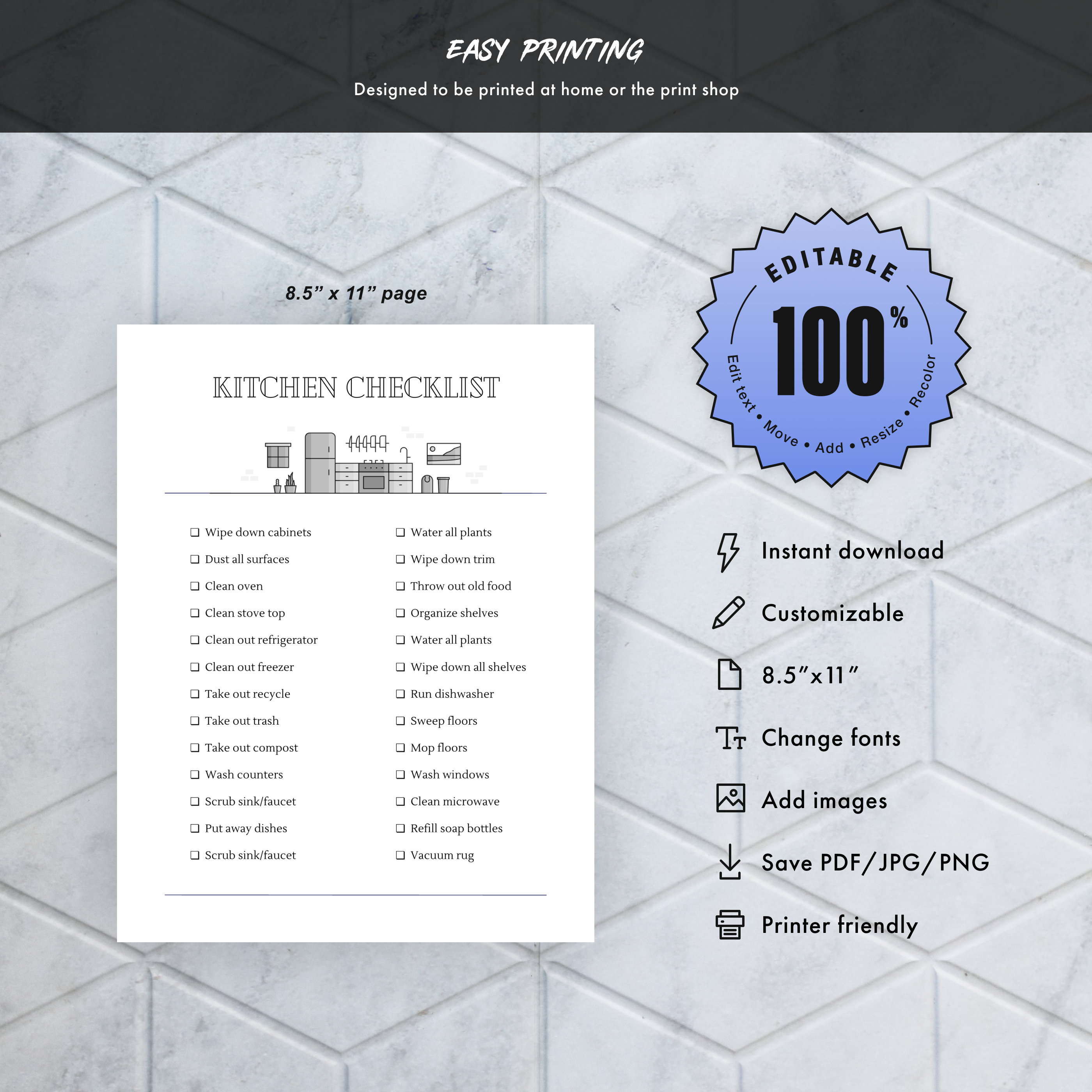 Kitchen Cleaning Checklist Minimal B&W / EDITABLE Canva Template ...