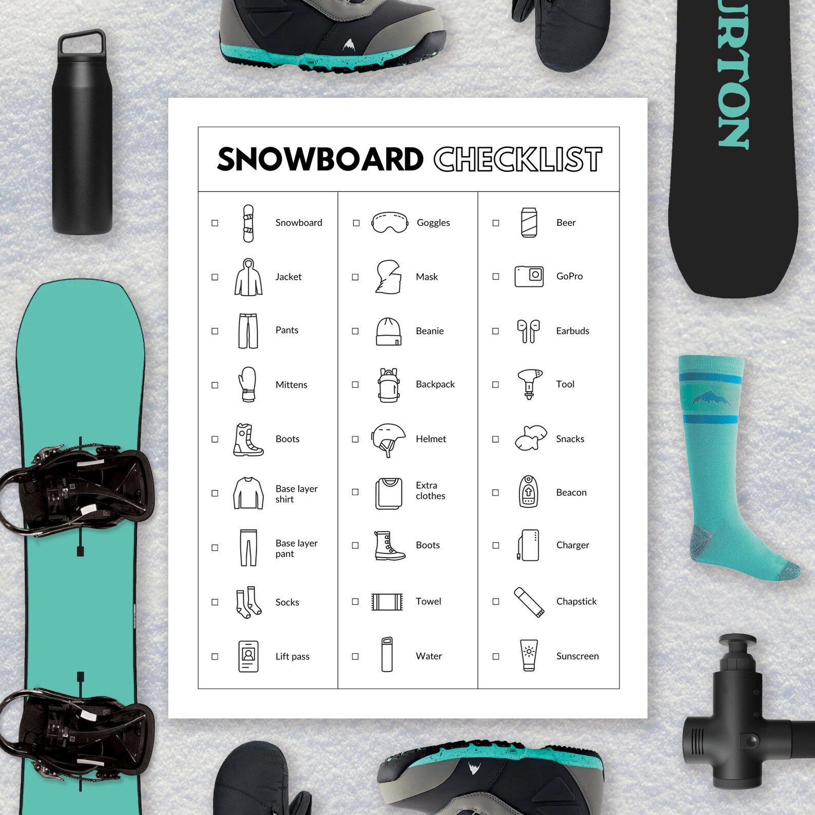 Checklist Snowboarding / EDITABLE Canva Template / Printable Snowboard ...