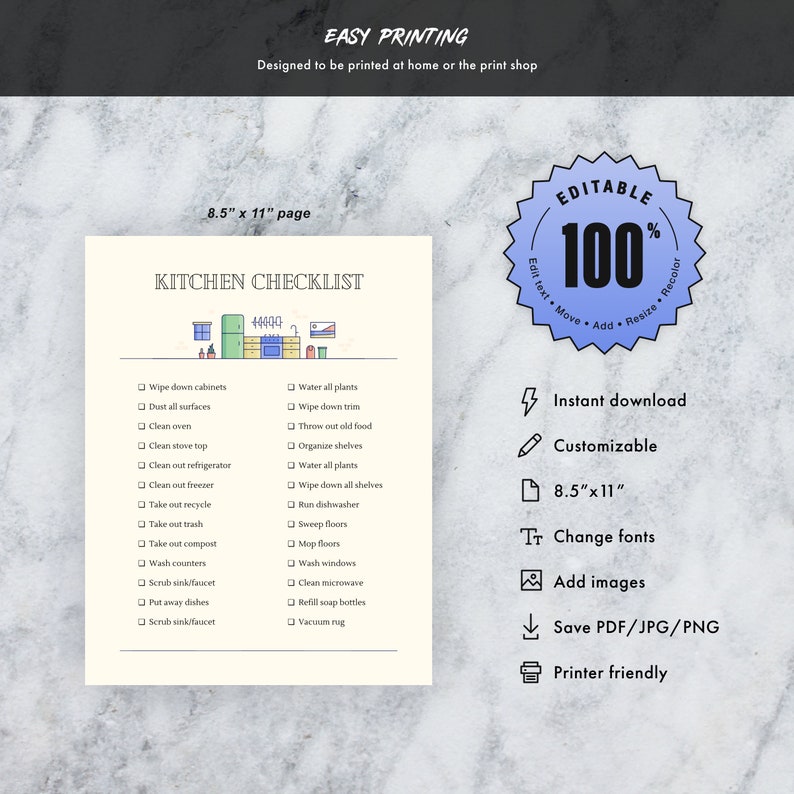Editable Kitchen Cleaning Checklist Canva Template - Digital Download ...