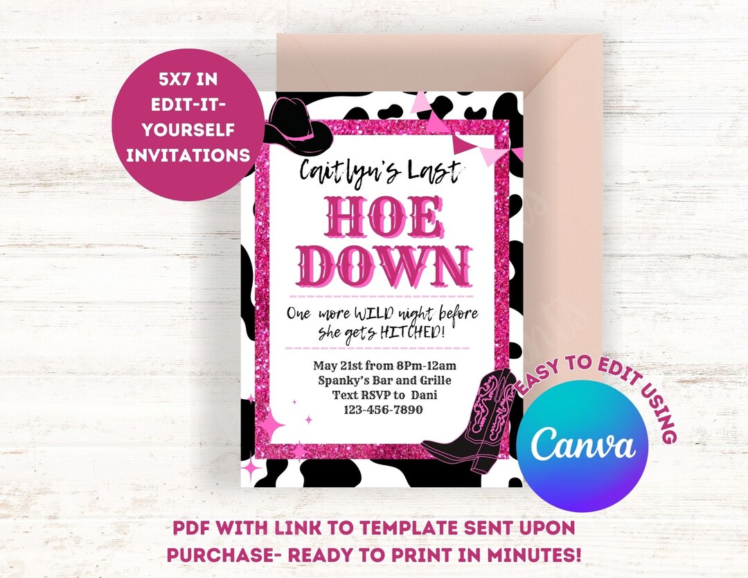 Editable Cowgirl Bachelorette Party Invite: Pink Glitter Last Hoe Down ...