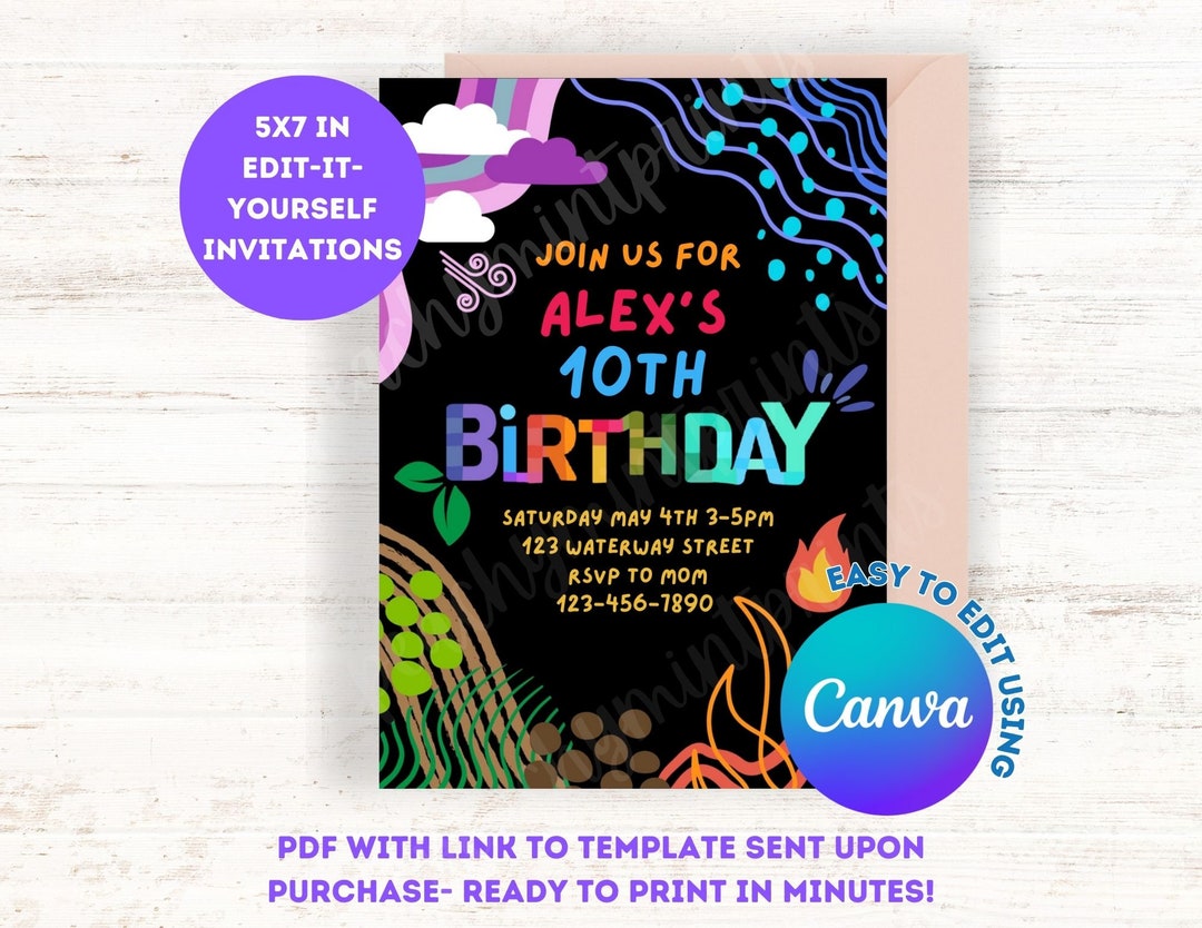 Editable Element Fire Water Party Invitation Colorful Elemental ...