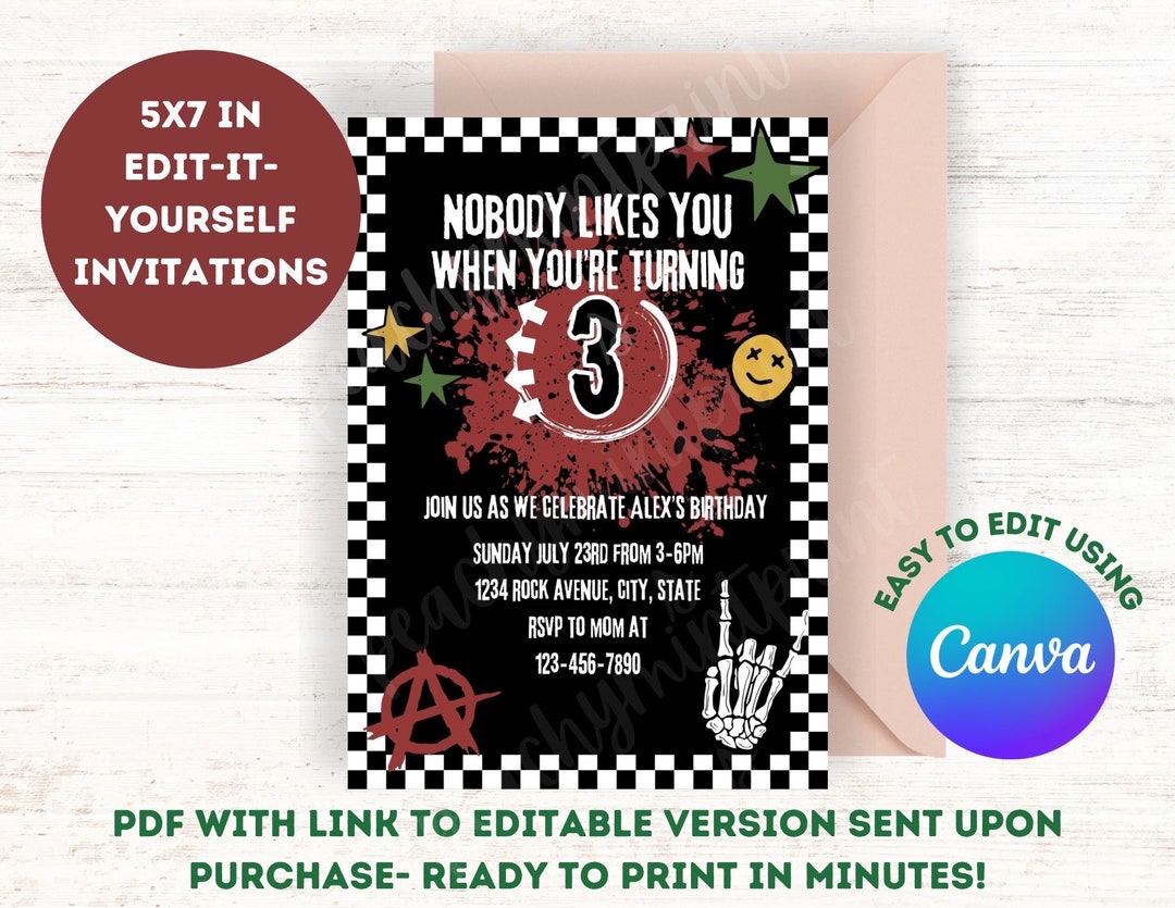 Editable Punk Rock Birthday Party Invitation Colorful Blink-182 ...