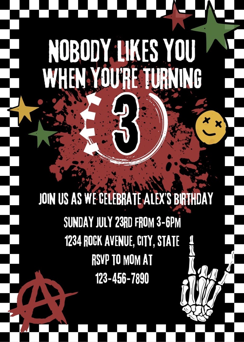 Editable Punk Rock Birthday Party Invitation Colorful Blink-182 ...