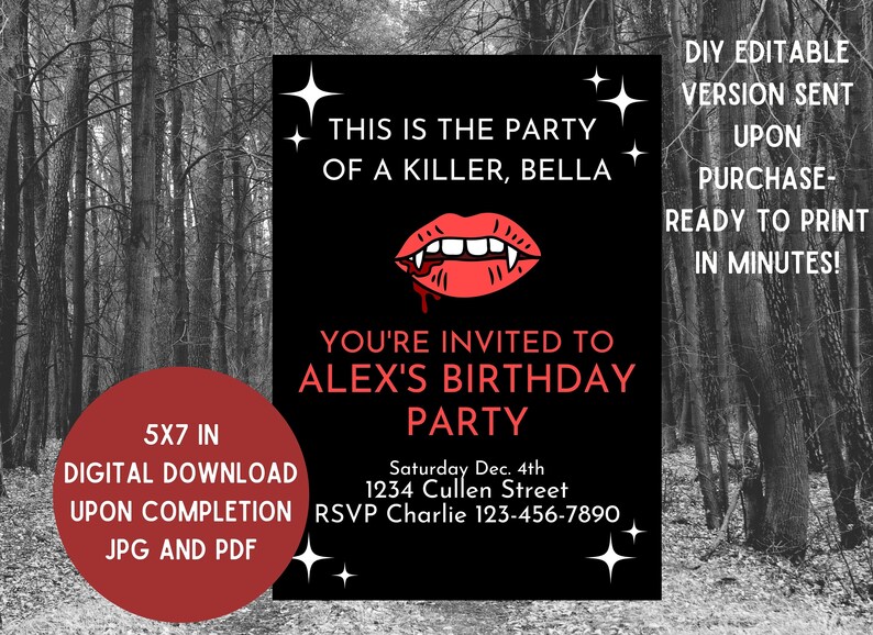 Editable Twilight Moon Vampire Birthday Party Invitation Black and Red ...