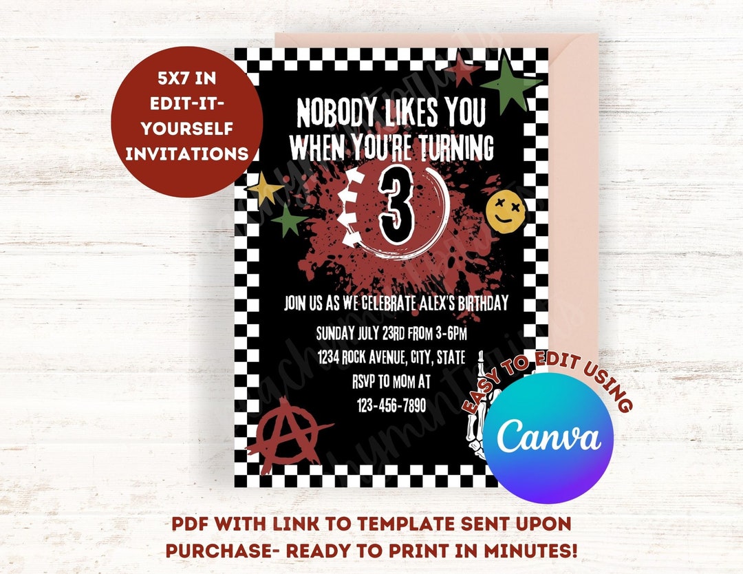 Editable Punk Rock Birthday Party Invitation Colorful Blink-182 ...
