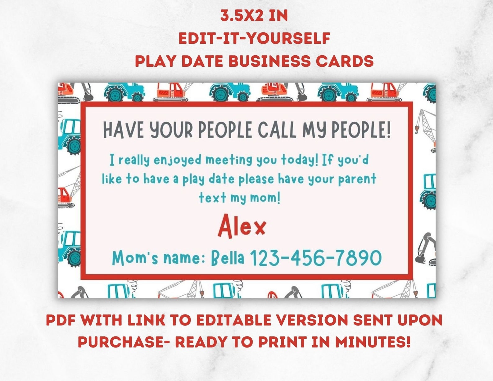 Editable Kids Play Date Business Cards Contact Card Trucks Vehicles - Etsy