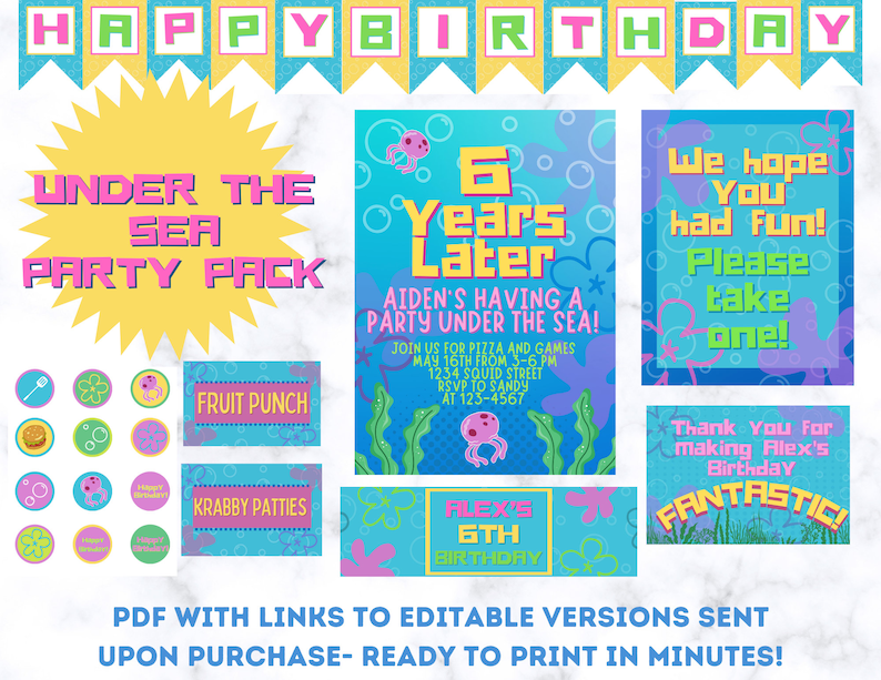 Editable Under the Sea Birthday Party Pack Decoration Set Invitation ...