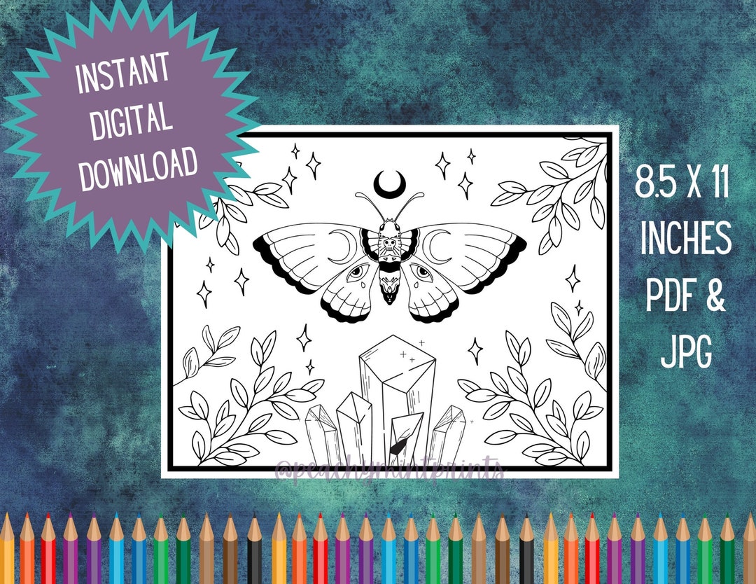 Midnight Moth Witchy Coloring Page Instant Download Printable Space ...