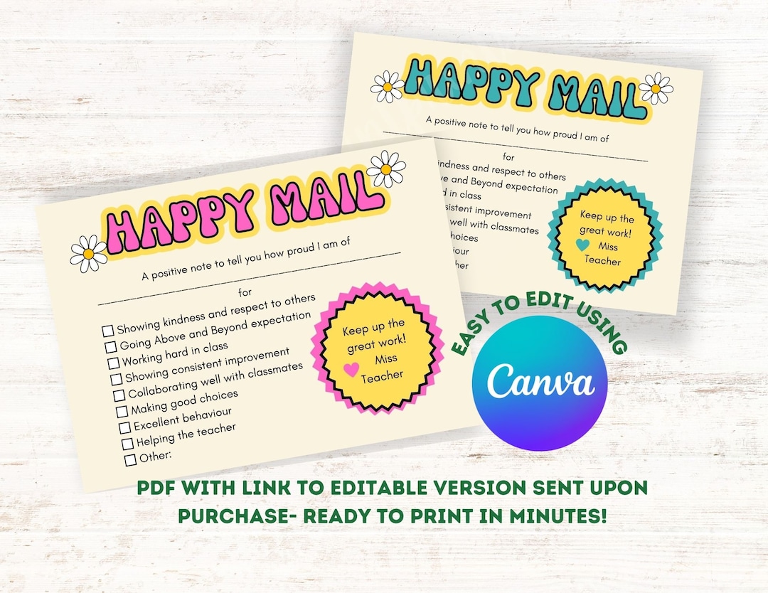 Editable Happy Mail Teacher Positive Praise Card Printable Digital ...