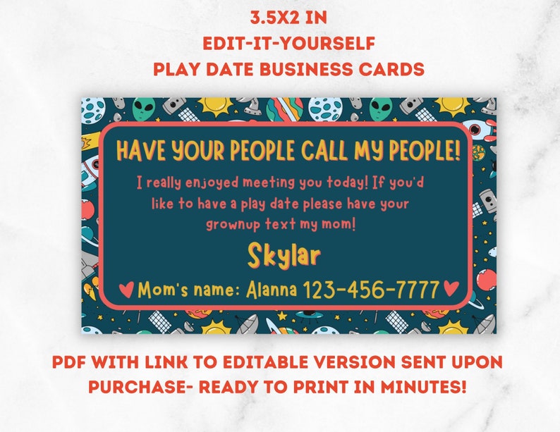 Editable Kids Play Date Business Cards Contact Card Space - Etsy