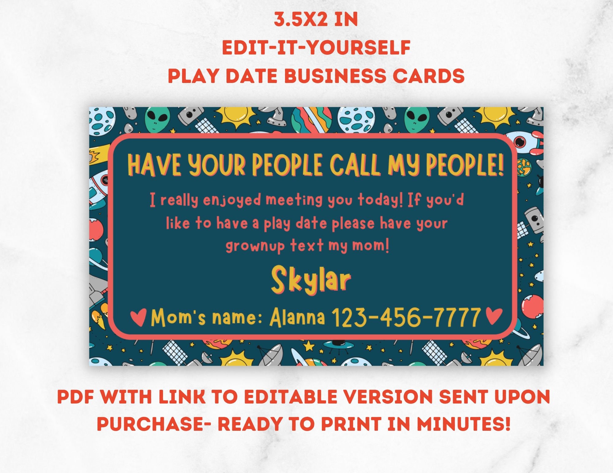 Editable Kids Play Date Business Cards Contact Card Space - Etsy
