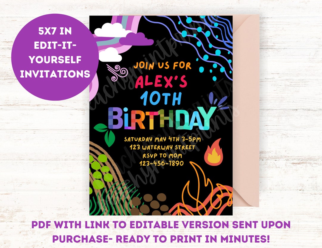 Editable Element Fire Water Party Invitation Colorful Elemental ...