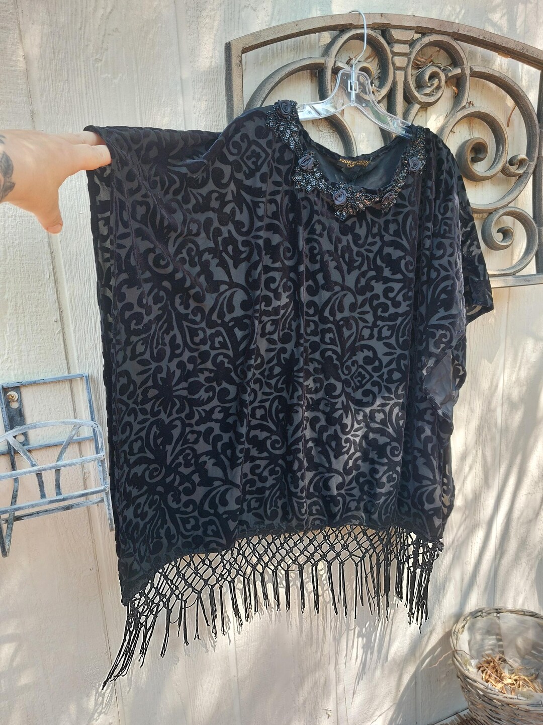 Burn Out Velvet Poncho Caftan Top, With Beads and Tassels, Baroque ...