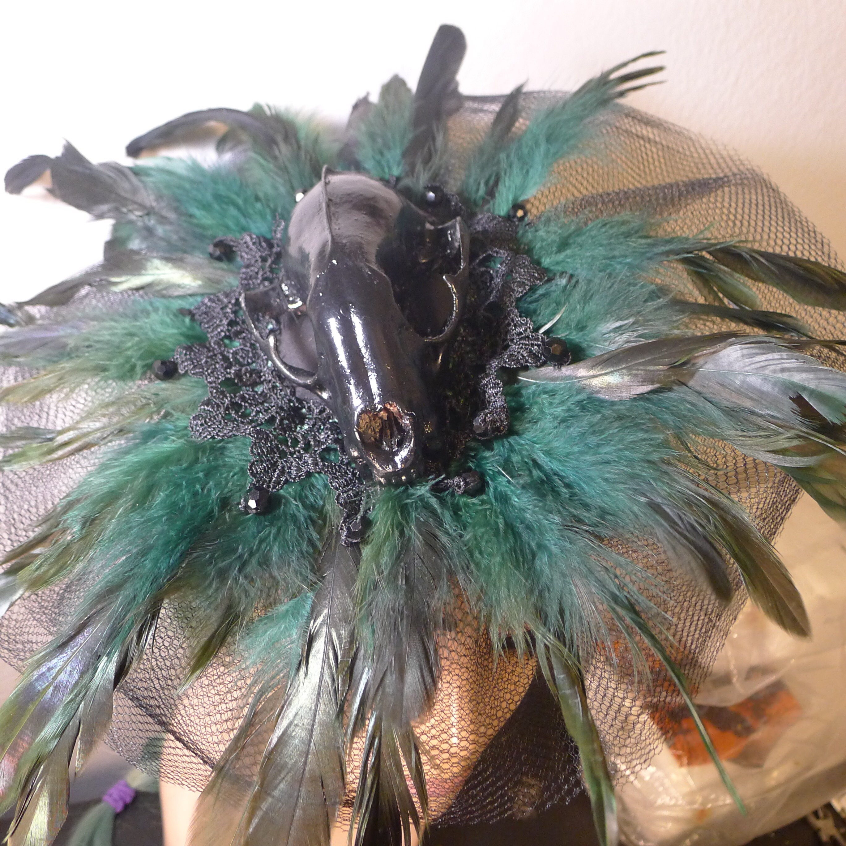 Raccoon Skull Fascinator Mini Hat W Black and Green Feathers, Taxidermy ...