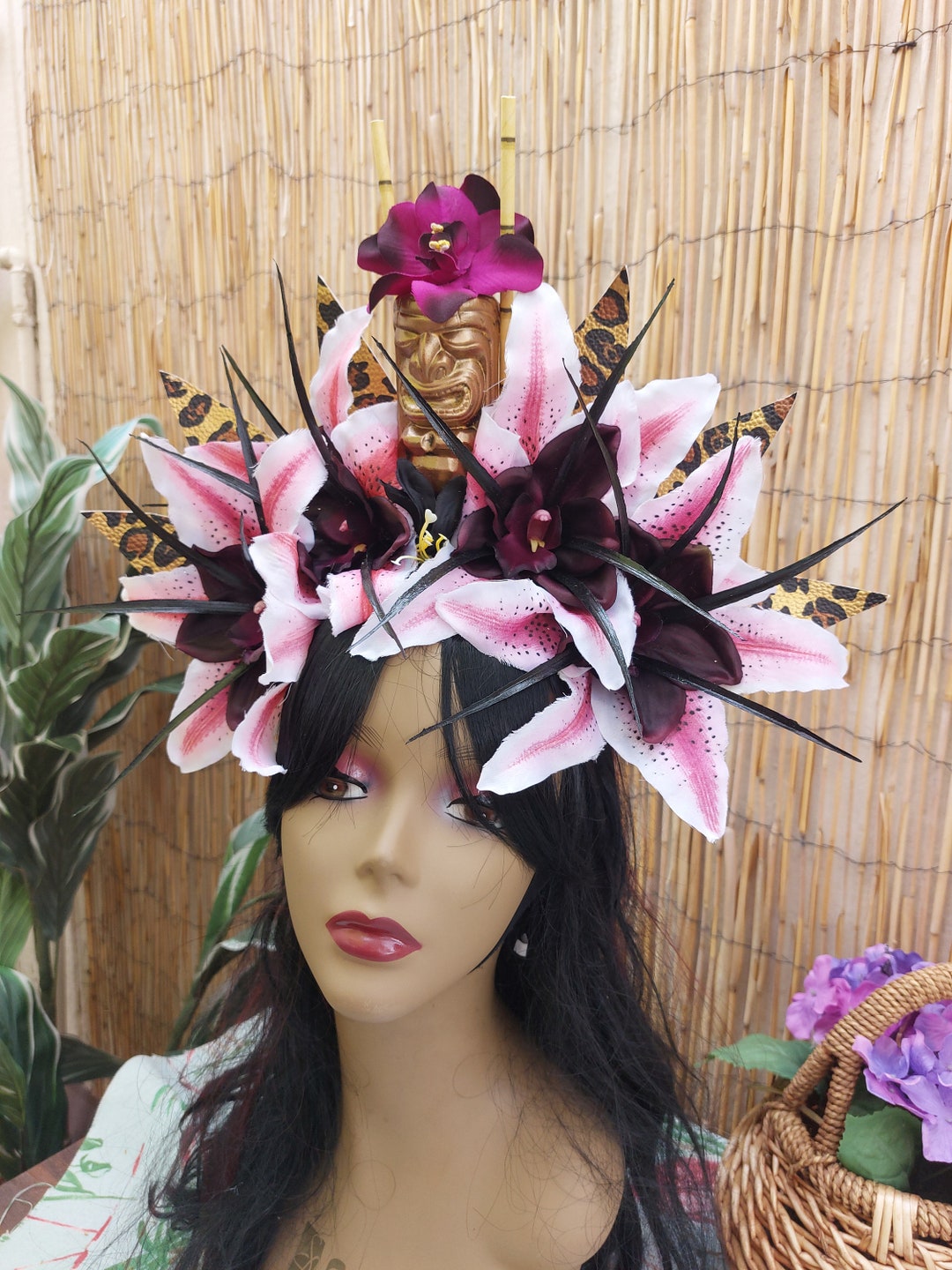 Tropical Flower Crown Headpiece With Wood Tiki, Cheetah Prints Accents ...