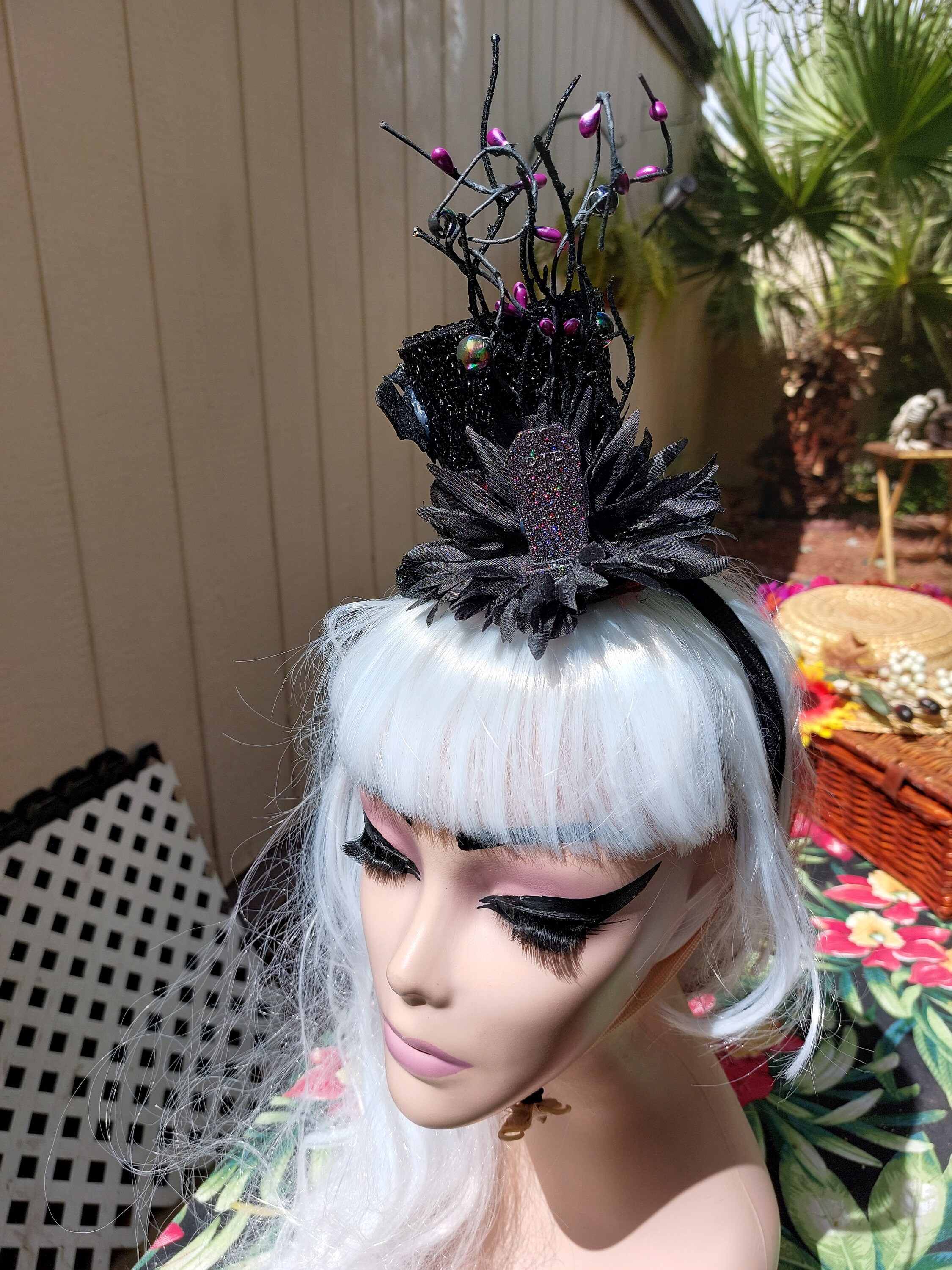 Mini Sparkly Top Hat on a Headband W Sparkly Bat , Flower, Tombstone ...