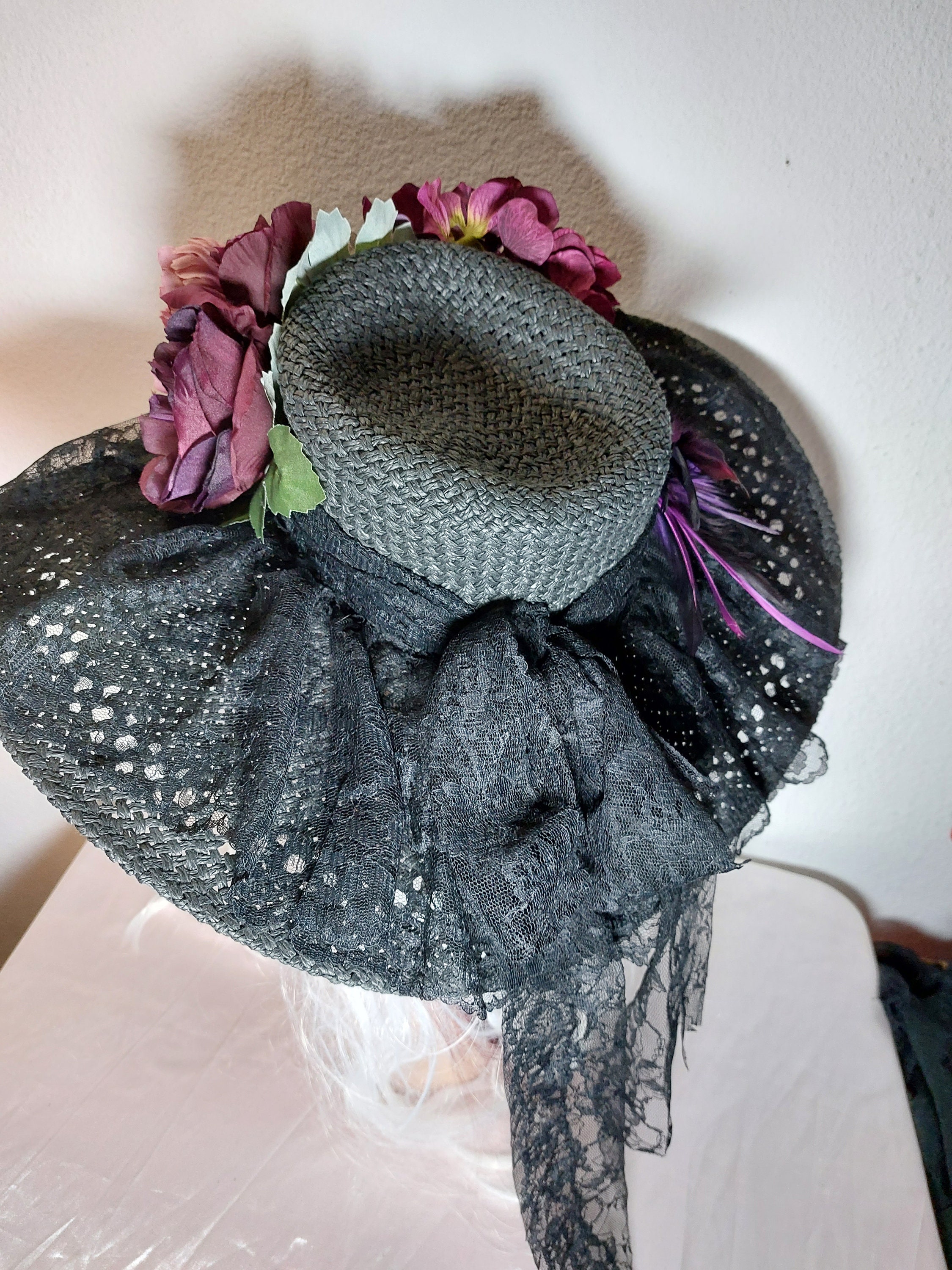 Floppy Sun Straw Hat With Flowers and Lace, Black Victorian Hat ...