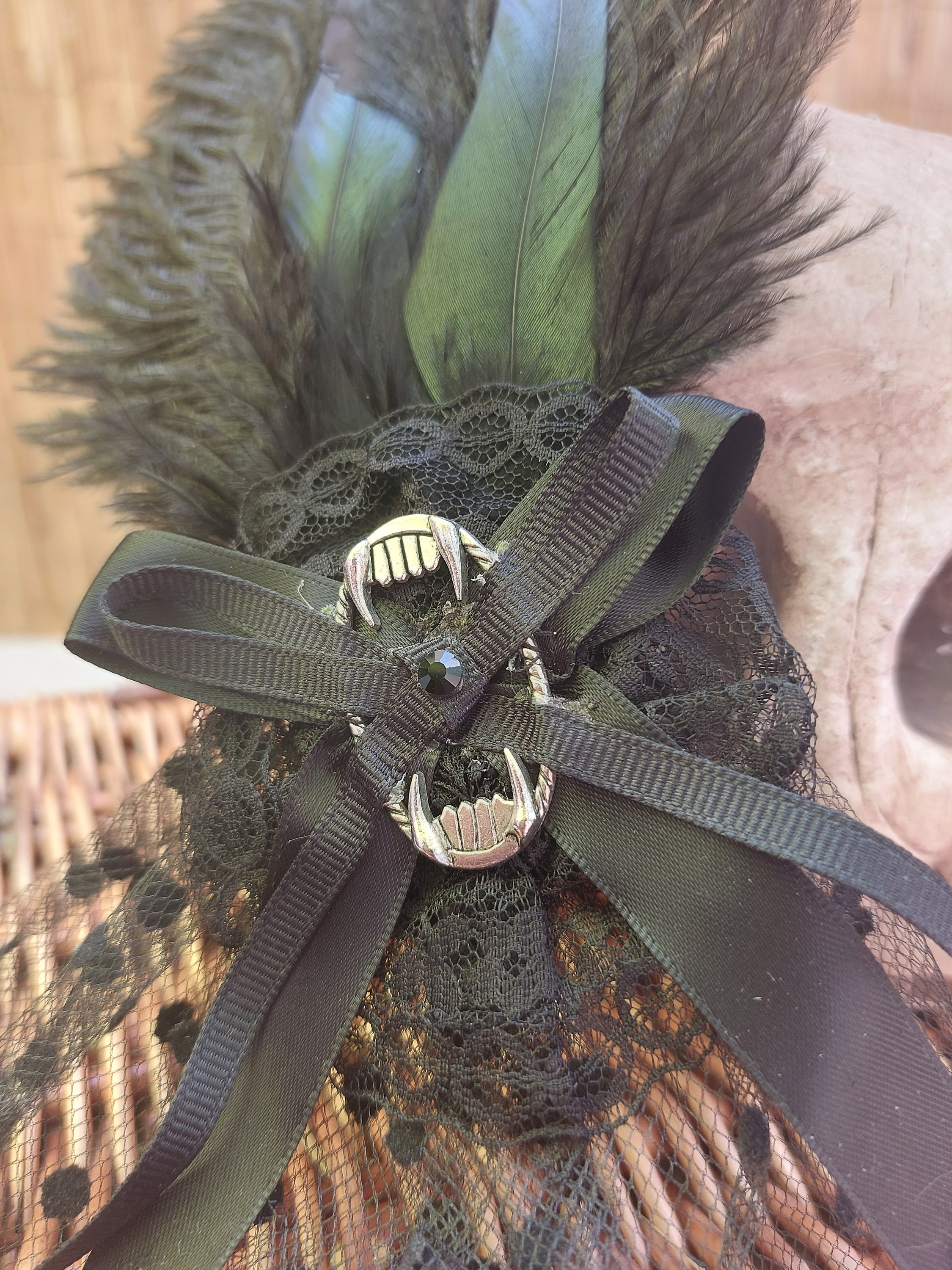 Black Feather Hair Clip Fascinator W Veil & Silver Fangs - Etsy