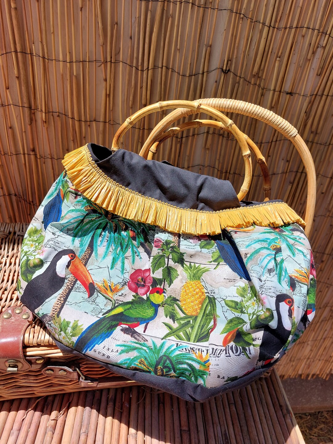 Tropical Birds Handbag With Bamboo Wood Handles and Raffia - Etsy