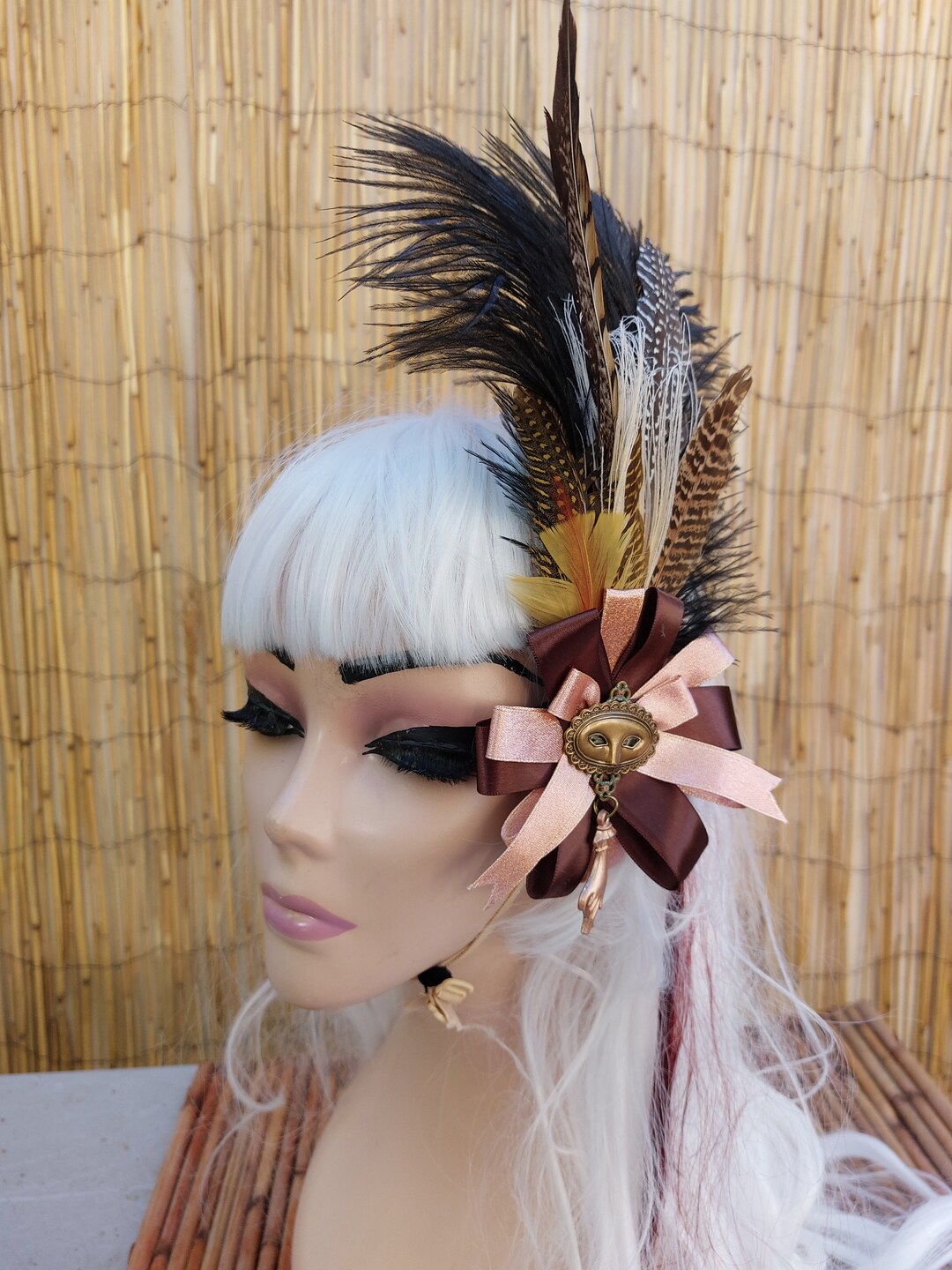 Feather Fascinator Hair Clip: Steampunk Venetian Mask, Satin Bows - Etsy