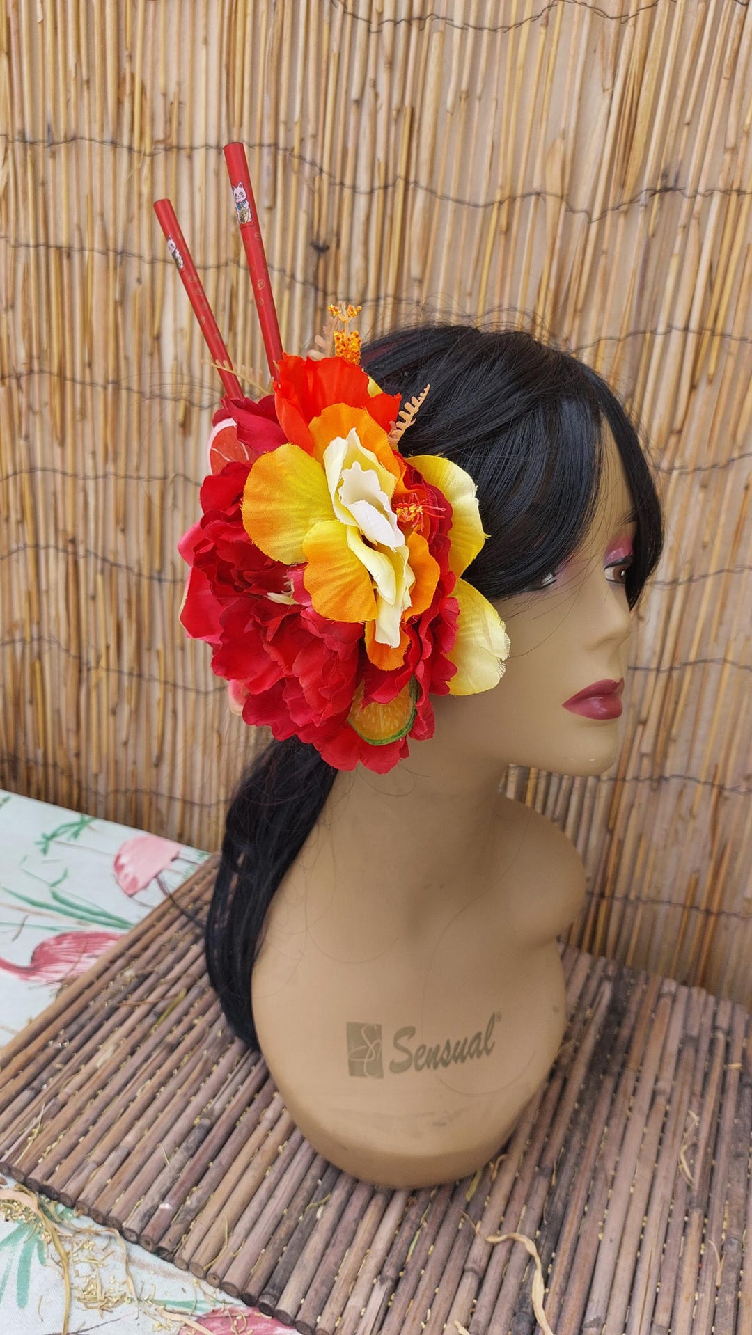 Tropical Tiki Hair Flower With Wood Sticks, Red Yellow Flower With ...