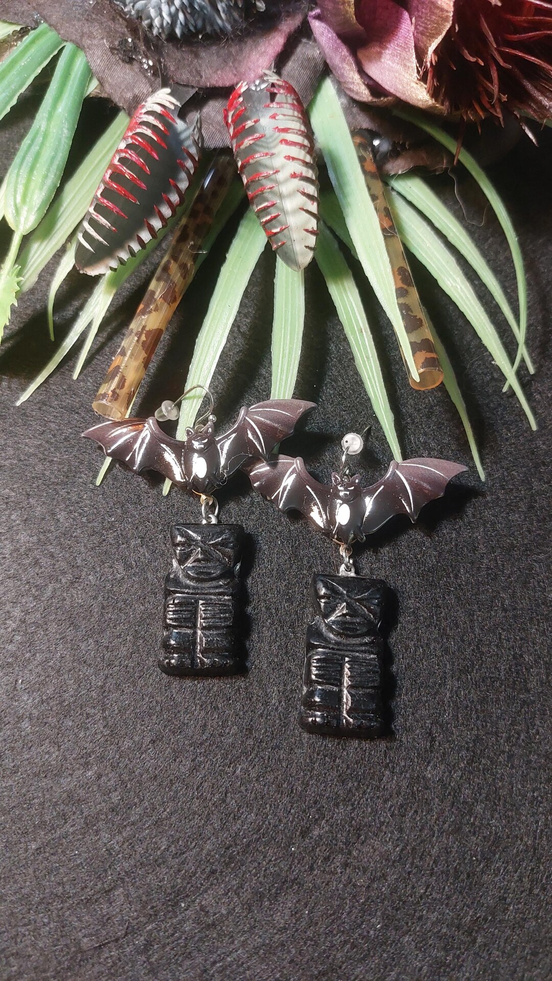 Tiki With Bat Earrings for Tiki Goth and Jungle Tropical Vibe, Spooky ...